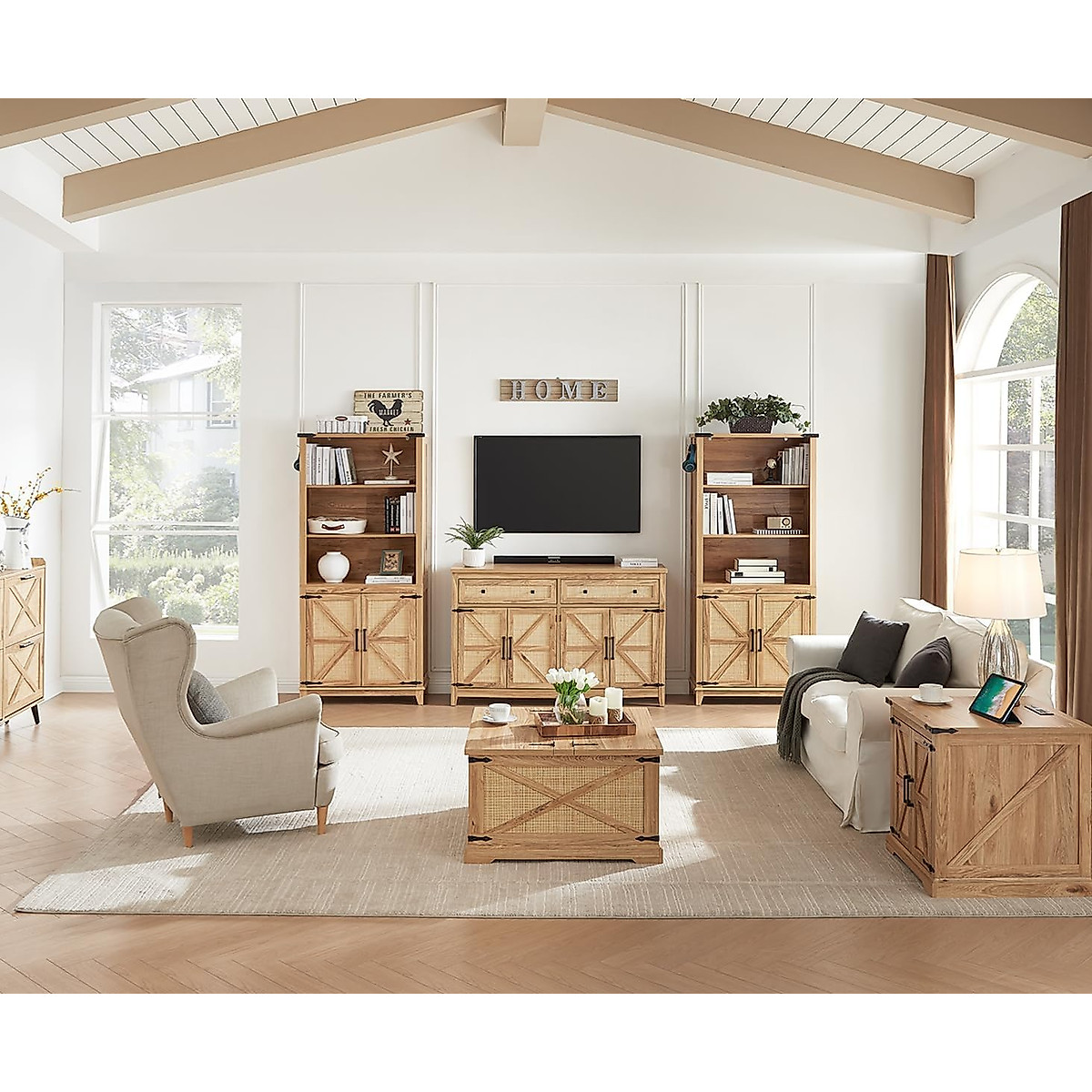 Barnyatoh Farmhouse 5 Tier Bookcase with Rattan Doors, 70" Tall Bookshelf with Storage Cabinet, Boho Wooden Furniture Bookshelves for Living Room, Home Office