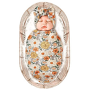 Konssy Baby Girl Newborn Receiving Blanket with Headband Set Baby Swaddle Floral Motif Nursery Swaddle Wrap