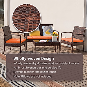 Hubhalsun Patio Wicker 4 Piece Set for Outdoors,Garden Wicker Funiture for Backyard, Indoor Rattan Chair, 4-Person Seating Group with Cushion (Orange)
