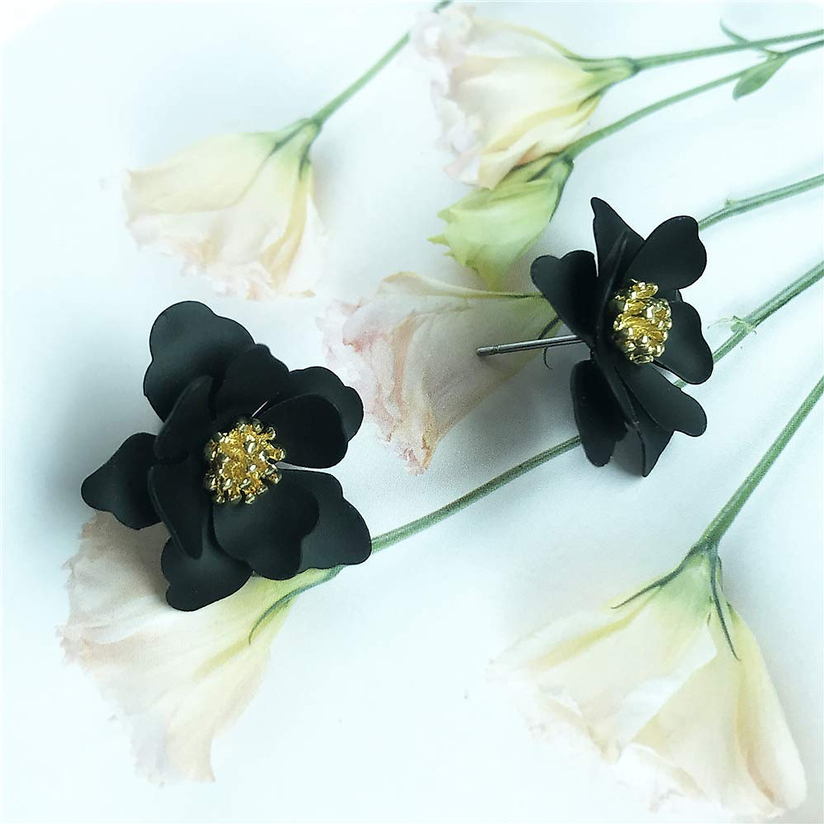 Chic Cute Boho Matte Flower Statement Stud Earrings with Gold Flower Bud for Women Sister Mom Lover and Friends (Black)
