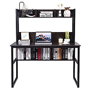 Tangkula Computer Desk with Hutch, Home Office Desk Study Writing Desk with Storage Bookshelves, Space Saving Computer Workstation for Home Office (Dark Walnut)