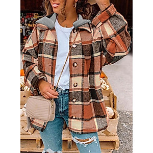 EVALESS Womens Fall Hooded Flannel Shacket Jacket 2023 Trendy Casual Long Sleeve Plaid Corduroy Button Down Shirts Coats Outfits,Orange M