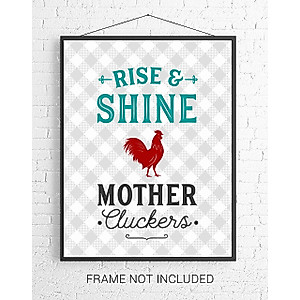 Funny ‘Mother Cluckers’’ Kitchen Wall Art Sign - 8x10 UNFRAMED Gray, Teal, Red & White Kitchen Print Perfect for Modern Farmhouse, Rustic, Vintage, Cottage, Country and Retro Decor.