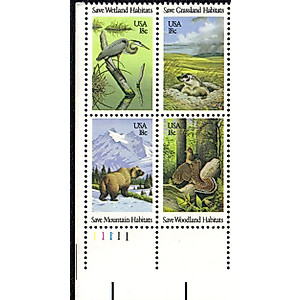 SAVE WILDLIFE HABITATS ~ WETLANDS ~ GRASSLANDS ~ MOUNTAINS ~ WOODLANDS #1924a Plate Block of 4 x 18¢ US Postage Stamps
