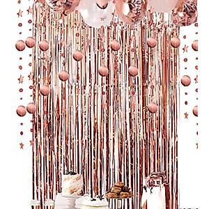 6.6x8.2 Feet Rose Gold Fringe Curtain Backdrop with 26.2 Feet Circle Star Garland for Birthday Bachelorette Bride Baby Shower Party Decorations