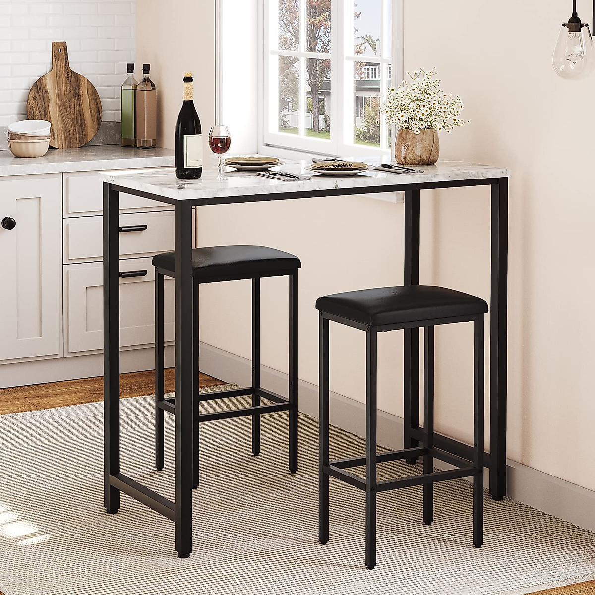 MAHANCRIS Bar Stools, Set of 2 PU Upholstered Breakfast Stools, 2-Piece Bar Chairs, 26.8-Inch Height, Rectangular Industrial Bar Stools, for Dining Room, Kitchen, Counter Bar, Black BAHB01R01