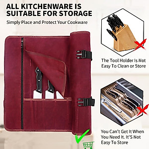 Chef Knife Roll Bag,Waxed Canvas Knife roll bag,Portable 10 Slots Chef Knife case with 1 Zipper Pockets,Heavy Duty Knives Roll Bags for Chef Case for Camping and Hold Home Kitchen Knife Tools Up (Red)