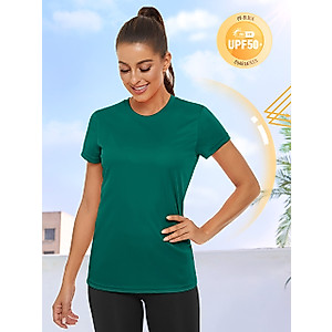 TACVASEN Women's Hiking Tops Running Shirt Crew Neck Summer Solid Shirts Short Sleeve, E-Green, L