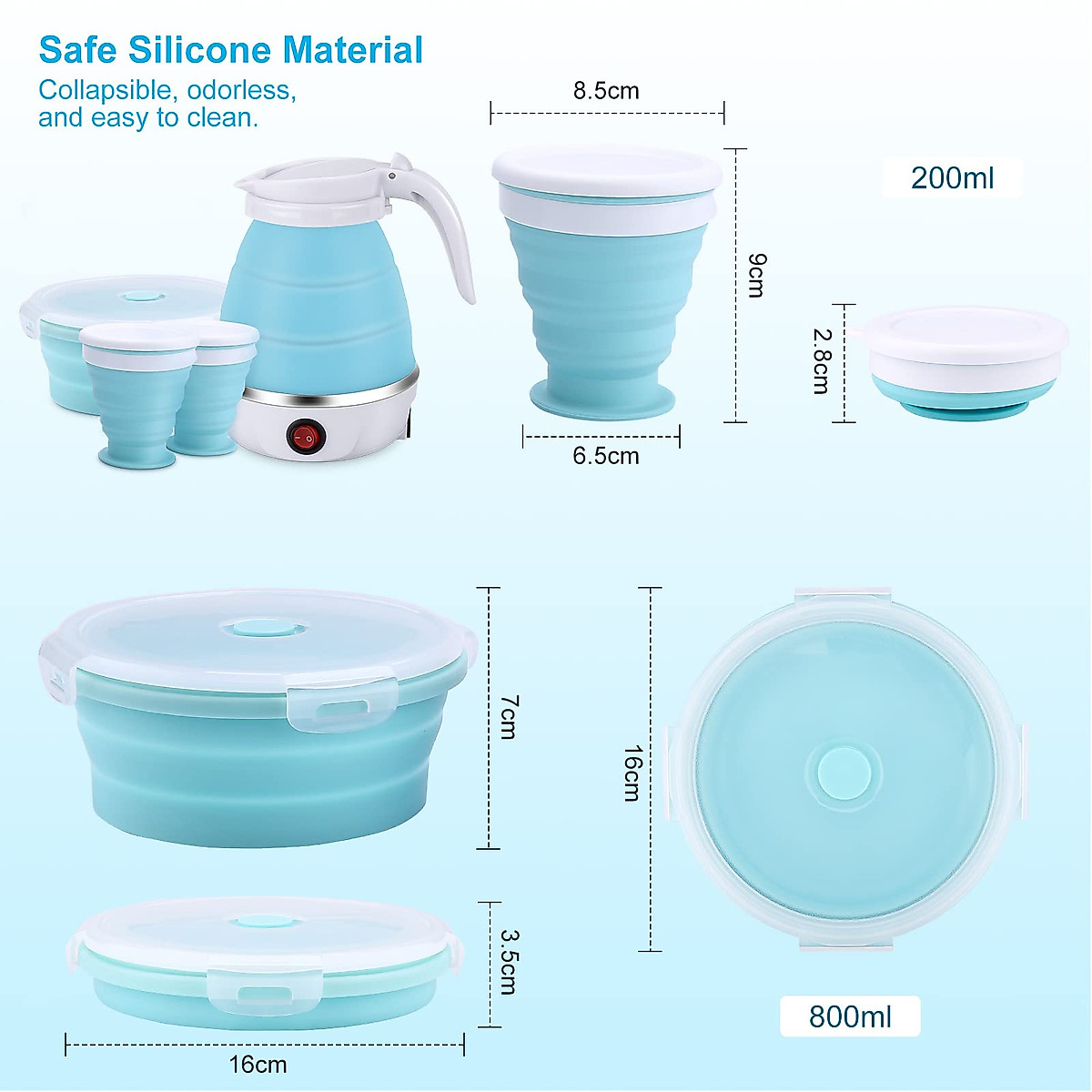 Portable Electric Kettle Travel Size, 600ML Small Foldable Tea Coffee Kettle with Collapsible Bowl and Cups, 5 Min Fast Water Boiling, BPA Free Food Grade Silicone, 110V 400W