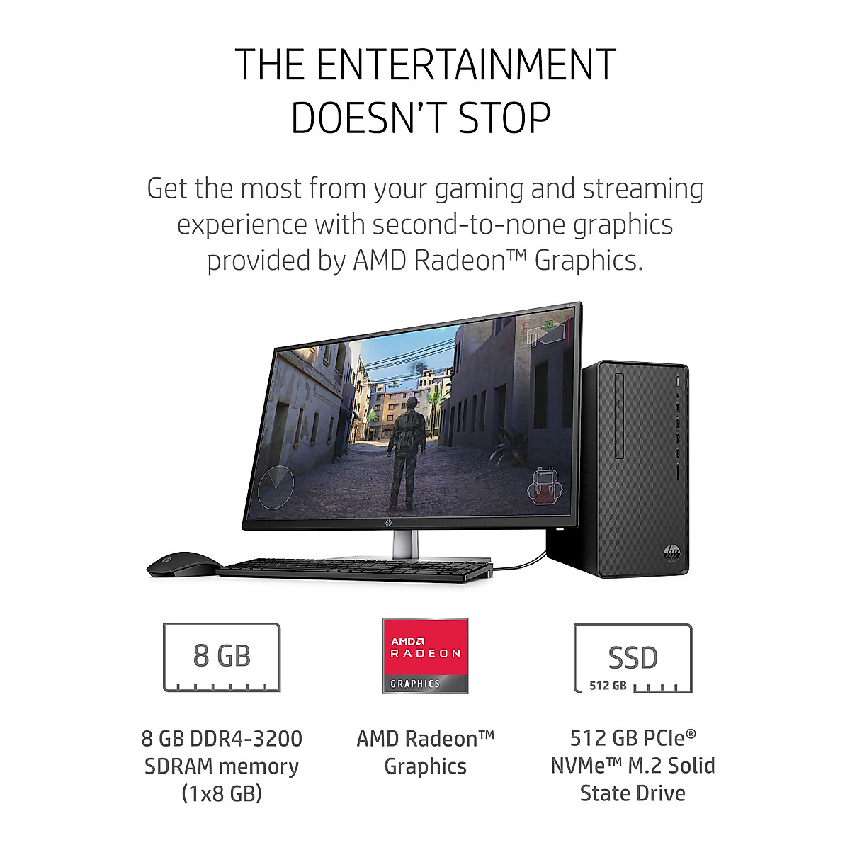 HP Desktop PC, AMD Ryzen 3 4300G Processor, 8 GB of RAM, 512 GB SSD Storage, Windows 11, High Speed Performance, Computer, 8 USB Ports, for Business, Study, Videos, and Gaming (M01-F1120, 2021)