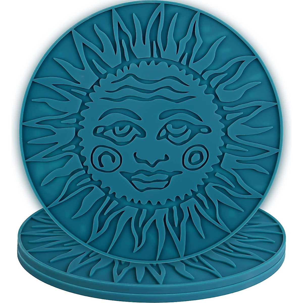 3 Pcs Trivets for Hot Dishes, Sun and Moon Double-Sided Design, Kitchen Heat Resistant Silicone Trivet, Extra Thick, Large, Non Slip (4. Dark Cyan)