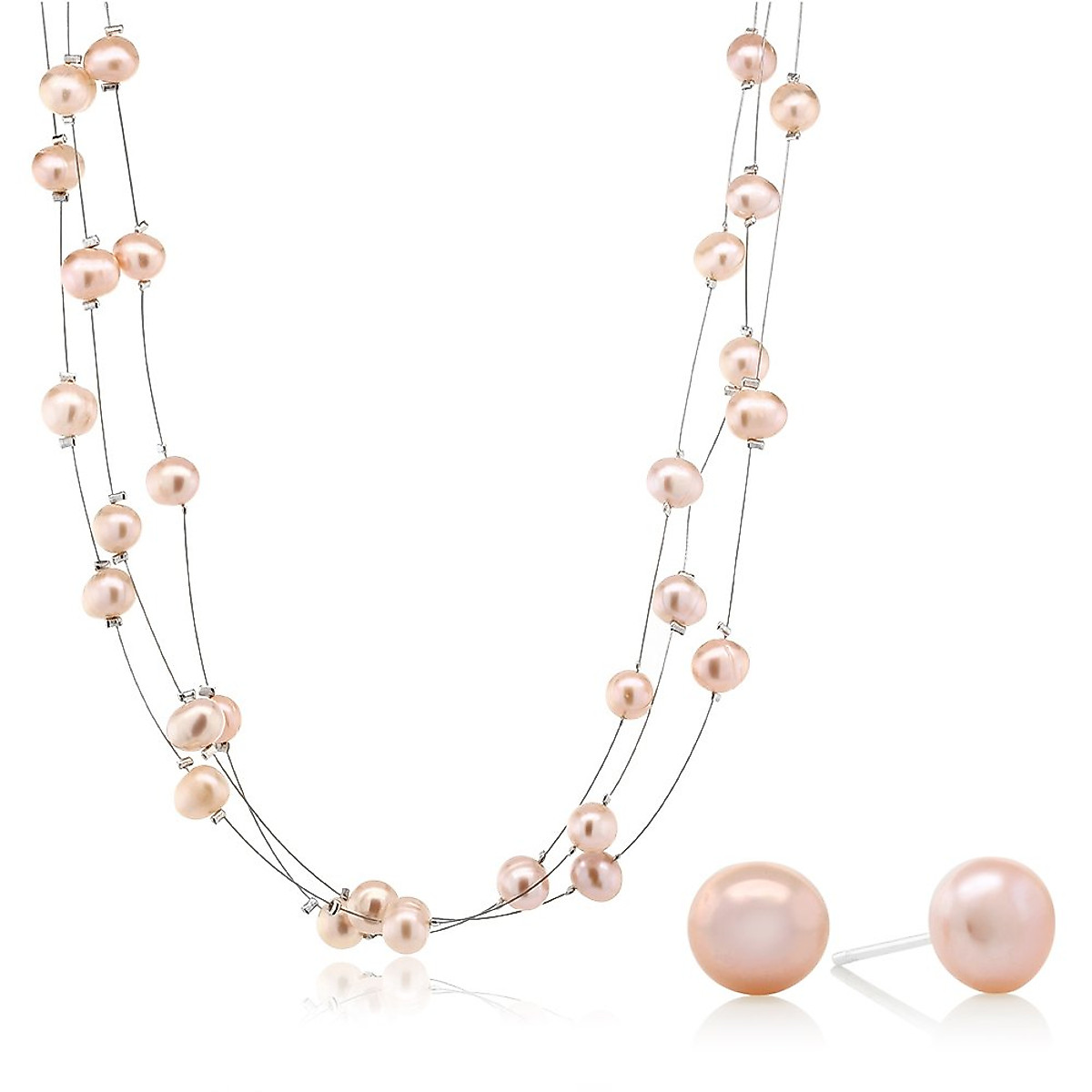 Gem Stone King 3-Row 7-8MM Pink Cultured Freshwater Pearl 18 Inch Necklace and Earrings Jewelry Set For Women