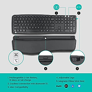 Perixx PERIBOARD-813B Bluetooth Ergonomic Keyboard - Laptop Scissor Keys - Curved Ergo-Lite Design - Detachable Soft Wrist Rest - USB-C Rechargeable - Black - US English (11976)