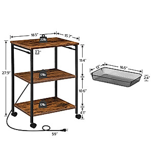 HOOBRO Printer Stand, 3 Tier Printer Cart with power outlet and USB Port, Industrial Printer Table Rolling Cart with Storage Drawer on Wheels, for Home Office, Rustic Brown and Black BF23UPS01