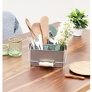 THE ARTIQUE Handmade Farmhouse Galvanized Metal Condiments Square Caddy with Silver Texture and Foldable Handle for KItchen Utenlsils, Dinning Table, Silverware, Picnic, Party Etc-SILVER ANTIQUE