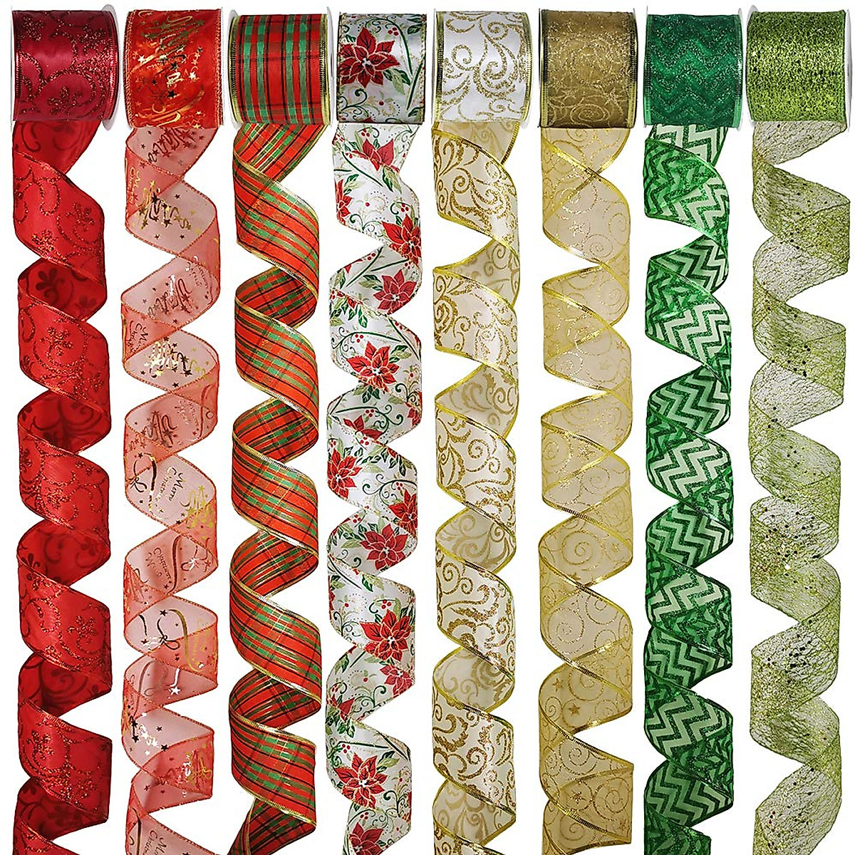 8 Rolls 48 Yards Assorted Christmas Tree Ribbon Plaid Bow Wired Ribbon Craft Gift Wrapping Ribbon Holiday Poinsettia Floral Mesh Sheer Glitter Tulle Organza Ribbon 2.5" Wide for Xmas Wreath Garland