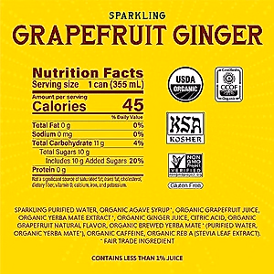 Guayaki Yerba Mate, Sparkling Clean Energy Drink Alternative, Organic Grapefruit Ginger, 12oz Cans (Pack of 12), 45 Calories Per Can, 80mg Caffeine