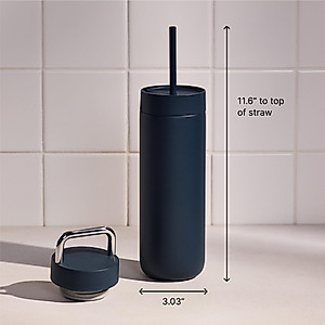 Fellow 20 oz Carter Water Bottle with 2 Lids - Leak-Proof Lid with Metal Handle - Cold Lid with Straw - Ceramic Interior & Vacuum-Insulated Stainless Steel - Stone Blue