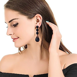 Flyonce Wedding Bridal Rhinestone Crystal Multi Teardrop Pierced Dangle Earrings Black Black-Tone