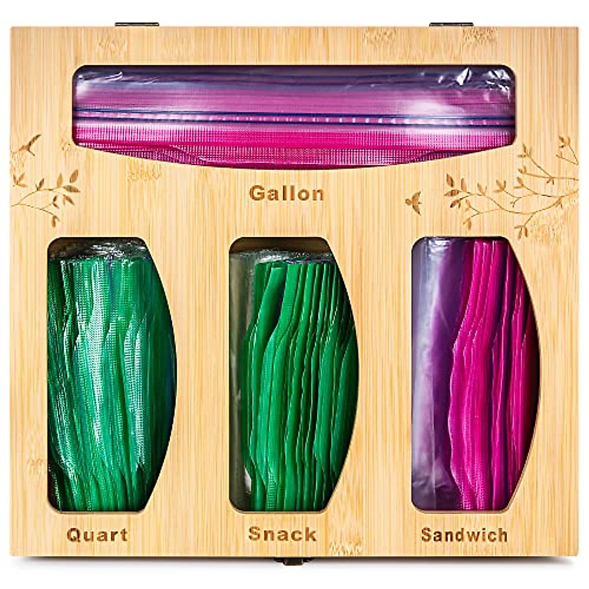 AKAT HOME Bamboo Ziplock Bag Storage Organizer & Baggie Dispenser for Kitchen Drawer – Wooden Zip Lock Container Holder Wall Gallon,Sandwich,Snack,Quart (Flip, Engraved, - M1)