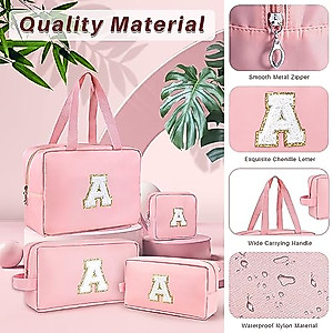 TOPEAST Makeup Bag Set, 4 Pack Initial Cosmetic Bags Chenille Letter Bags Travel Toiletry Bag Waterproof Nylon Makeup Pouch with Handle, Personalized Birthday Gift for Women Girls, Letter A