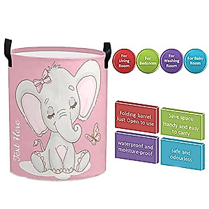 Personalized Baby Elephant Butterfly Pink Laundry Hamper with Name Text Storage Clothes Basket Foldable Laundry Bag with Handles