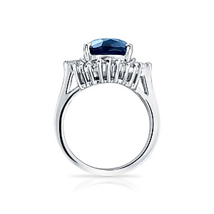 Bling Jewelry Personalize Art Deco Style Royal Blue Oval Baguette Halo 6 CT AAA CZ Simulated Sapphire Solitaire Statement Engagement Ring For Women Silver Plated Customizable