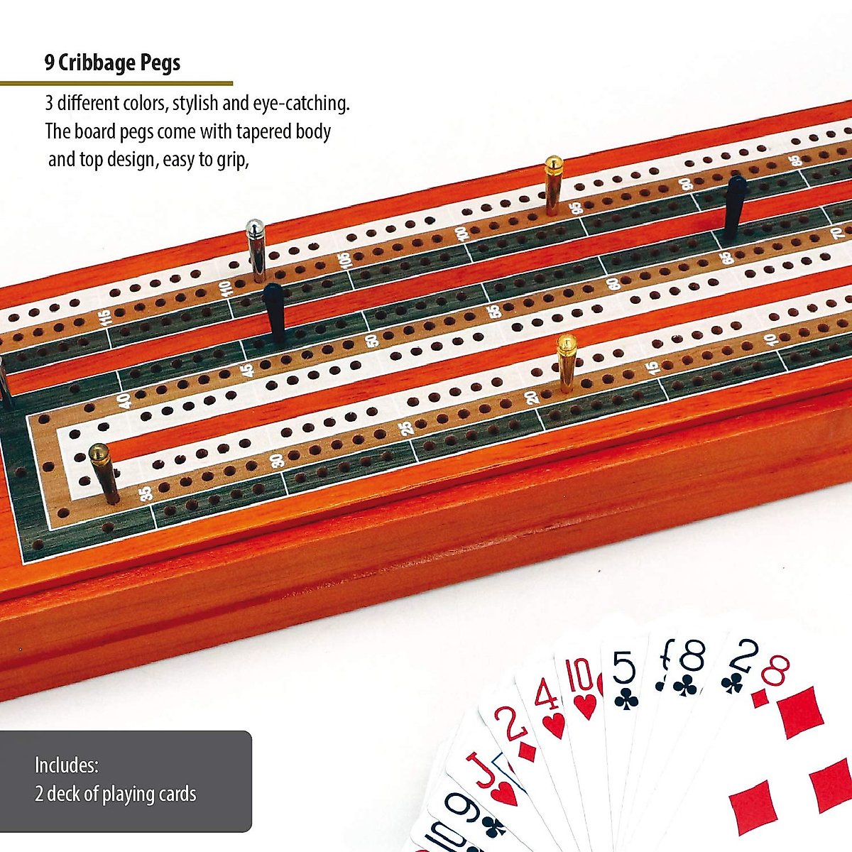 CRIBBAGE BOARD GAME SET. UNIQUE LARGE WOODEN CONTINUOUS 3 TRACK BOARD WITH LARGER STORAGE AREA, 9 METAL PEGS AND 2 DECKS OF PLAYING CARDS. TRAVEL PORTABLE CRIBBAGE PERSONALIZED BOARDS CARD GAME SETS