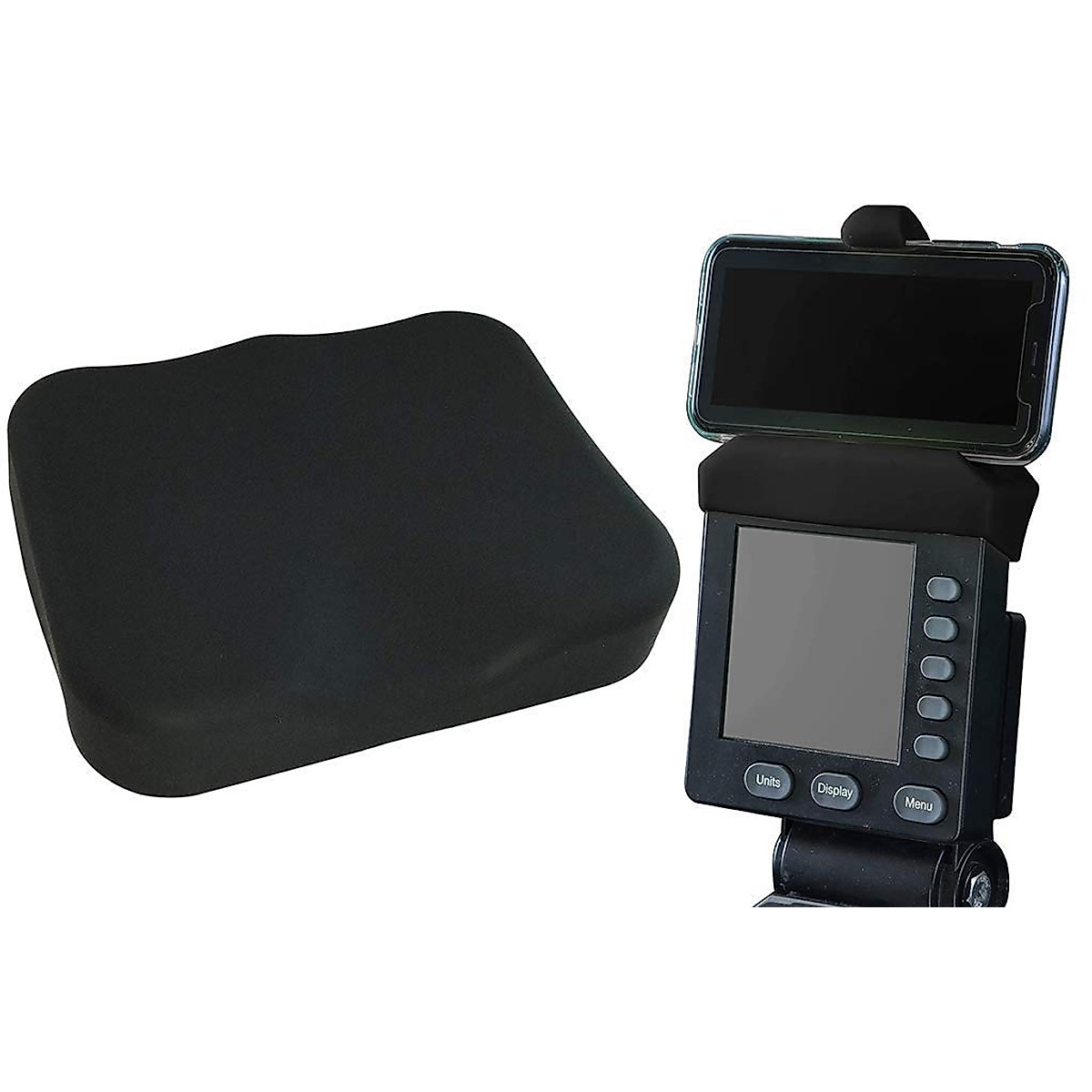 Black Phone Holder and Silicone Seat Cover Combo Designed for The Concept 2 Rowing Machine and PM5 Monitor