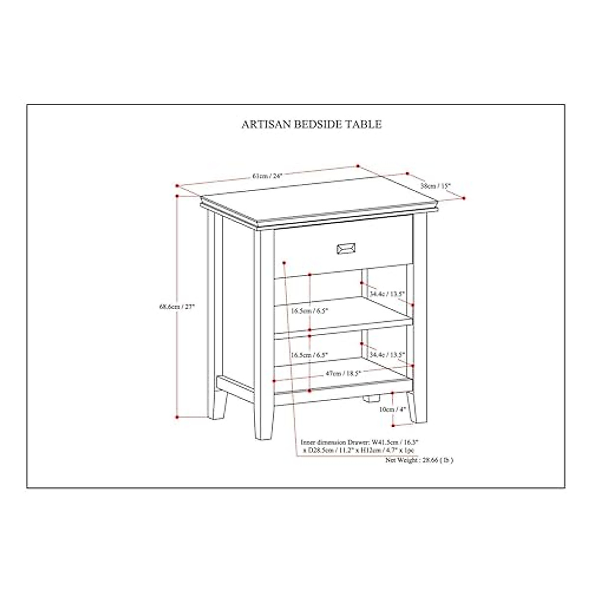 SIMPLIHOME Artisan 24 inches Wide Night Stand, Bedside table, Russet Brown SOLID WOOD, Rectangle, with Storage, 1 Drawer and 2 Shelves, For the Bedroom, Contemporary Modern