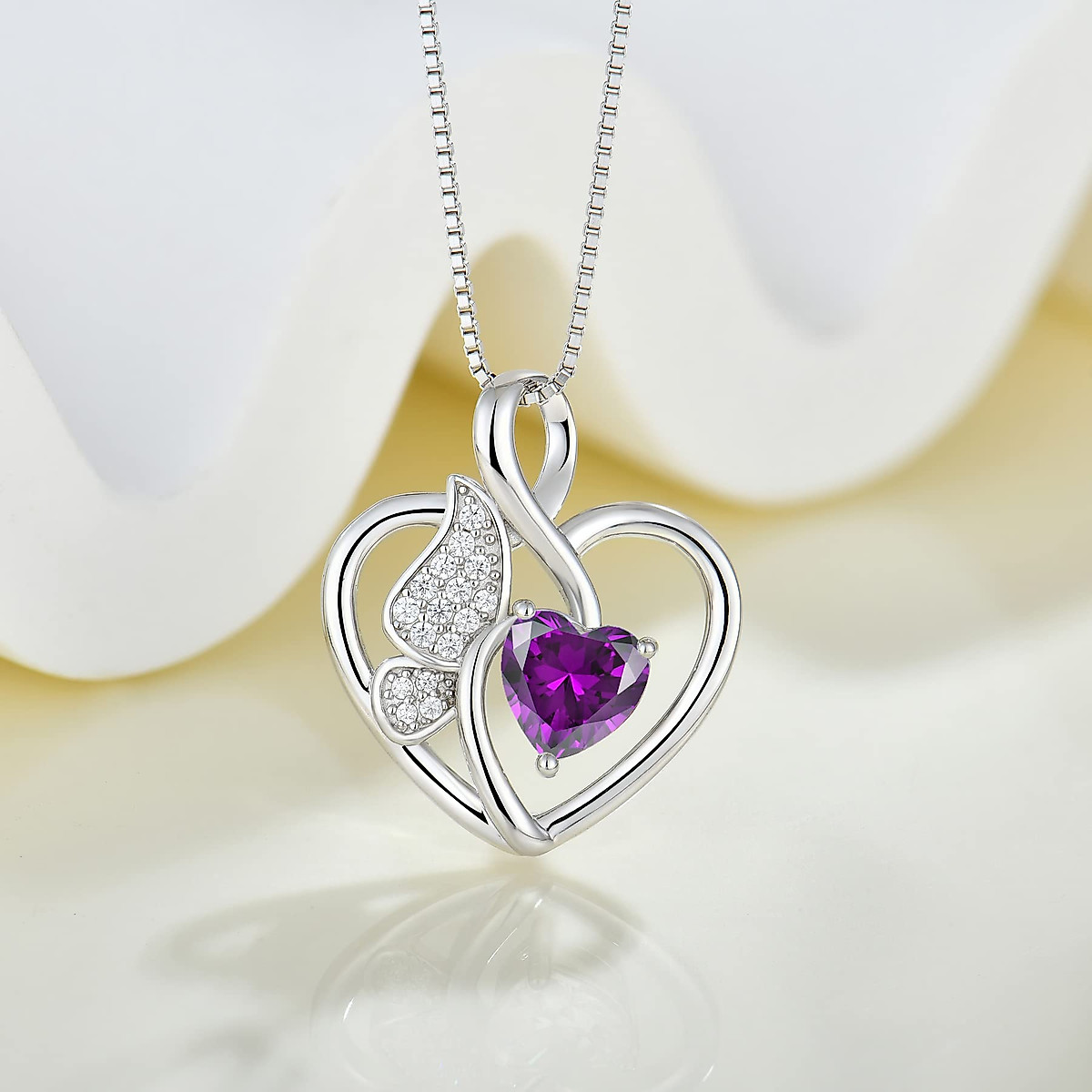 Lwsary Butterfly Necklace 925 Sterling Silver Love Heart Necklace Amethyst Pendant February Birthstone Jewelry for Women