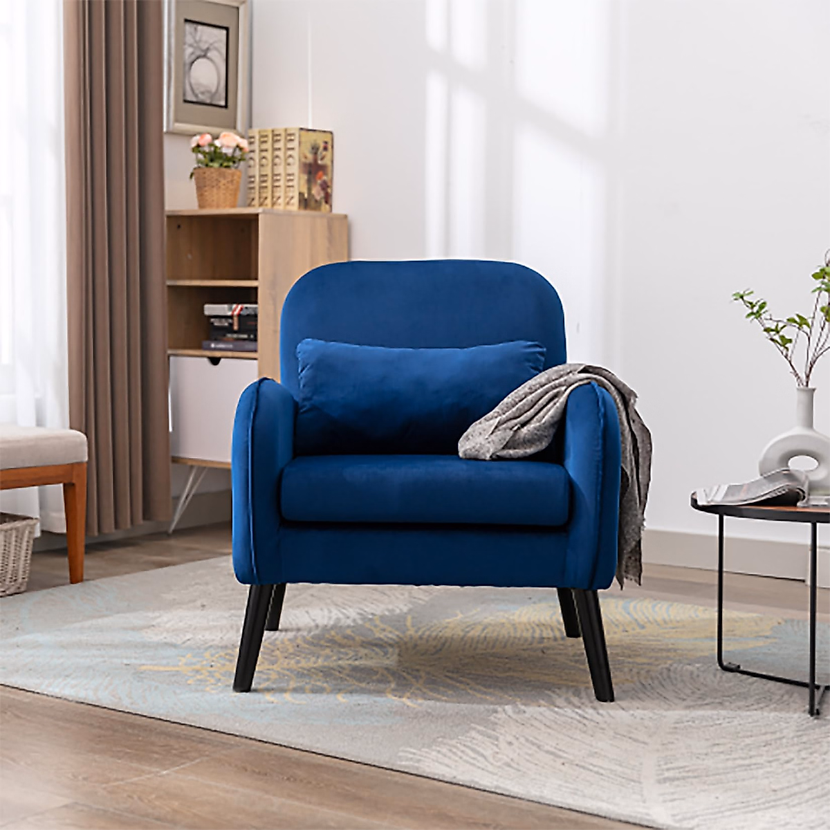 Finca ancha Butacas para Sala Modernas Accent Chair Upholstered Button Tufted Armchair Velvet Reading Chair with Wood Legs Guest Chair Sillones para Sala for Living Room Bedroom (Navy Blue)