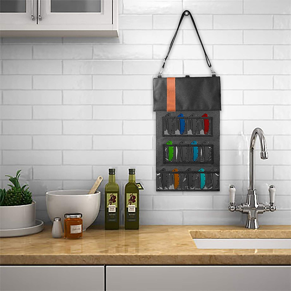 Linkidea Pocket Knife Display Bag, Tactical Knives Roll Bag, Folding Small Knife Storage Pouch, Camping Knife Organizer Carrying Bag with 18 Slots