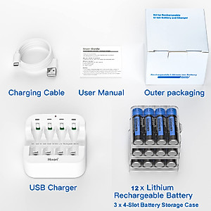 Hixon 12-Pack AA Rechargeable Lithium 1.5V Batteries with Charger,3500mWh high Capacity,1600 Cycles,Max 3A Discharge Current
