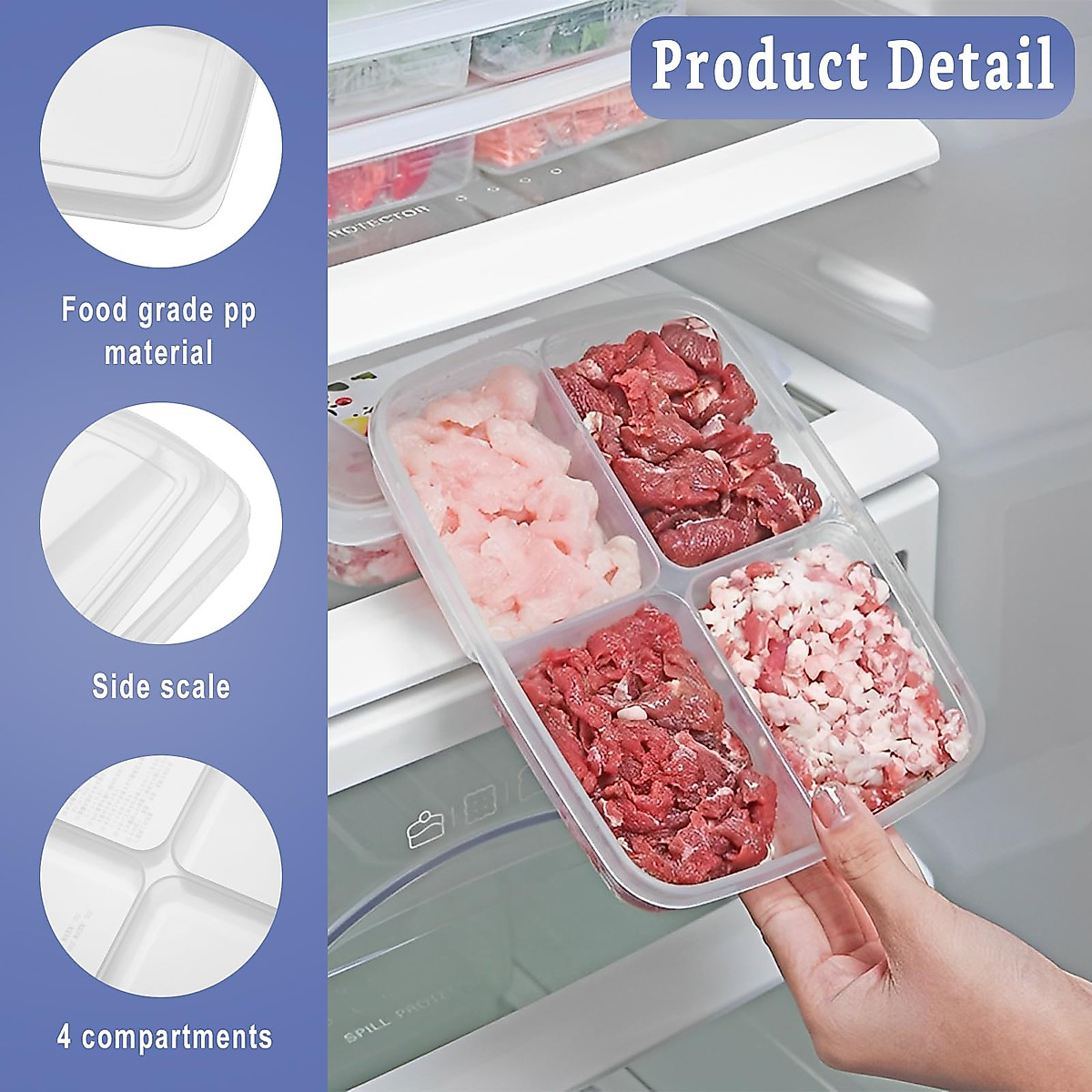 MUXHEL 8 Pcs 4 Compartment Food Storage Containers with Lids, BPA-Free Divided Serving Tray Container Reusable, Plastic Freezer Storage Containers for Storing Fruits, Vegetables, Meat