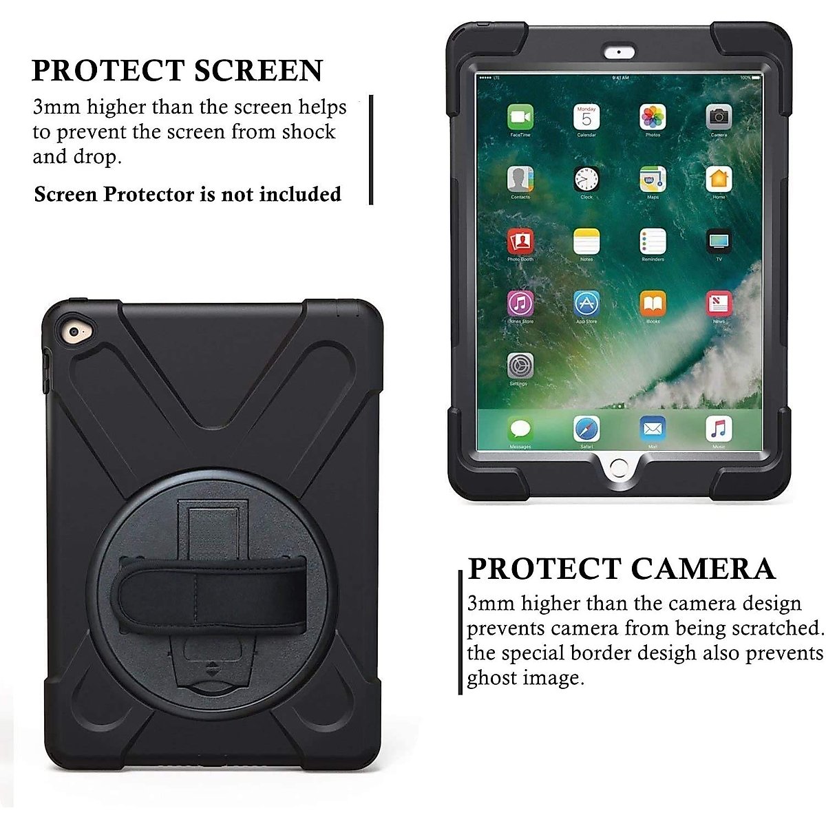 TSQ iPad Air 2 Case for Kids A1566 A1567 2014 with Rotating Stand Hand Strap | Military Grade Heavy Duty Rugged Shockproof Protective Cover Case for iPad Air 2nd Generation 9.7 Inch, Black
