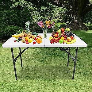 AMIATCH Portable Folding Camping Table, 4ft Heavy Duty Picnic Table Fold in Half Plastic Picnic Desk with Handle for Indoor Outdoor