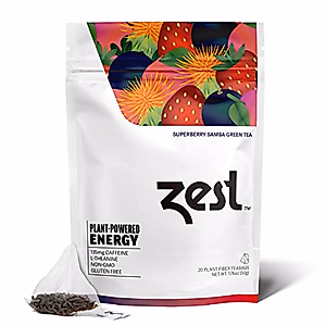 Zest 135mg High Caffeine Energy Leaf Blend - Superberry Samba Green Tea - 20 Pack Bag - Hot or Iced - All Natural Strong Flavored Healthy Coffee Highly Caffeinated Substitute - Perfect for Keto Diet