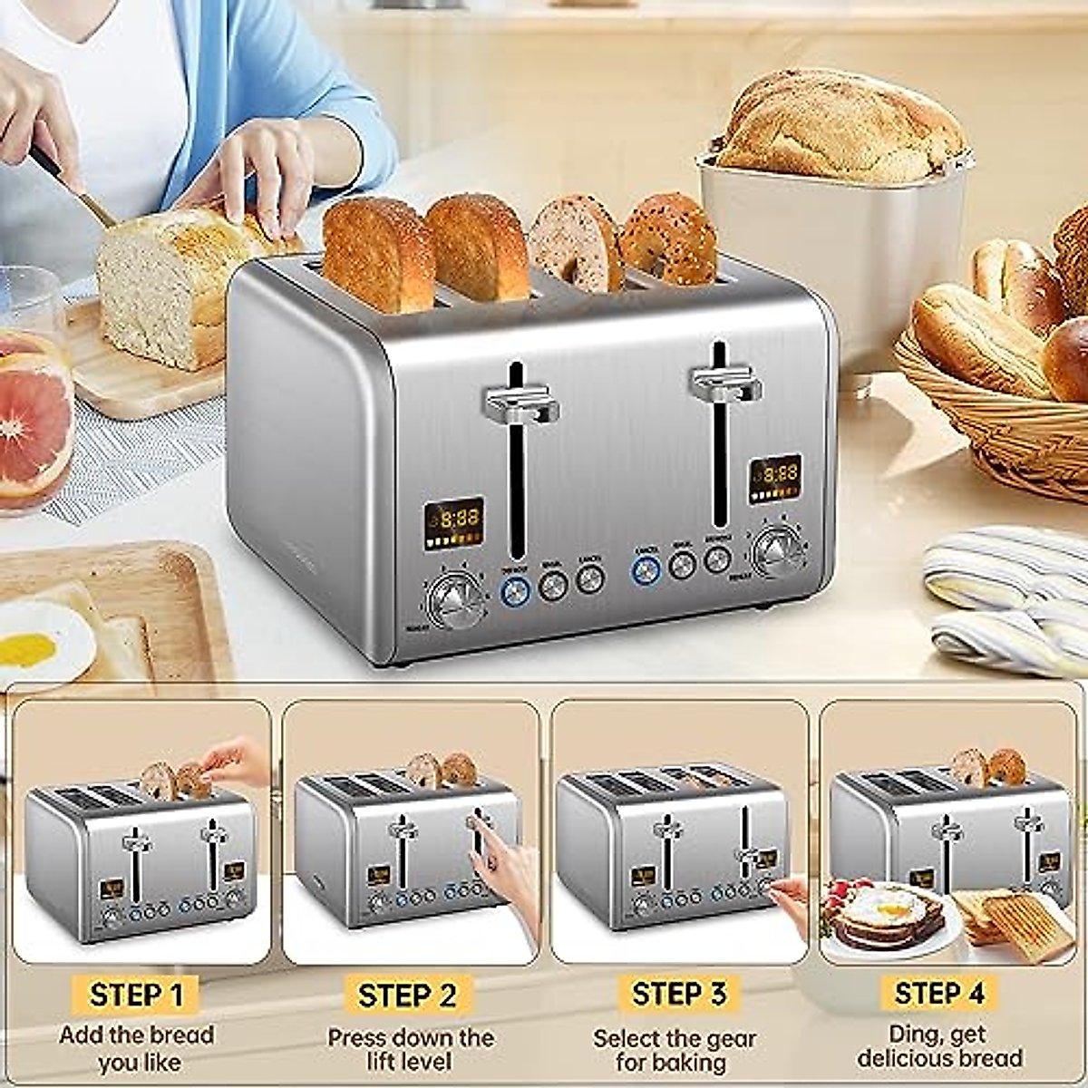 SEEDEEM 4 Slice Toaster, Stainless Bread Toaster Color LCD Display, 7 Bread Shade Settings, 1.5'' Wide Slots Toaster with Bagel/Defrost/Reheat Functions, Removable Crumb Tray, Silver Metallic, 1800W