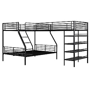 WOXYX Twin Over Full L-Shaped Metal Bunk Bed and Twin Size Loft Bedframe with Four Built-in Shelves,Black