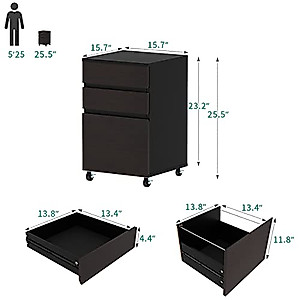 YITAHOME 3 Drawer Mobile File Cabinet, Rolling Filing Cabinet for A4 or Letter Size, Wood Under Desk Storage Cabinet with Wheels, Dark Walnut