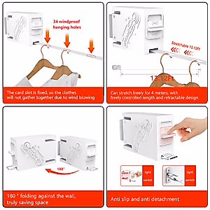 Tekeviss Retractable Clothesline,Portable Heavy Duty Indoor and Outdoor,13.12 Ft Composite TPU Material with 34 Windproof Hanging Holes Prevents Clothes from Gathering and Sagging,Easy to Install