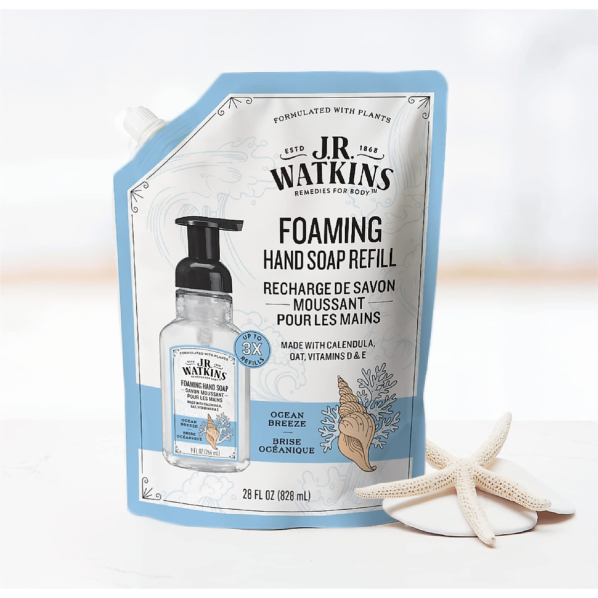 J.R. Watkins Foaming Hand Soap Refill, Moisturizing Foam Hand Wash, All Natural, Alcohol-Free, Cruelty-Free, USA Made, Ocean Breeze, 28 fl oz, 3 Pack