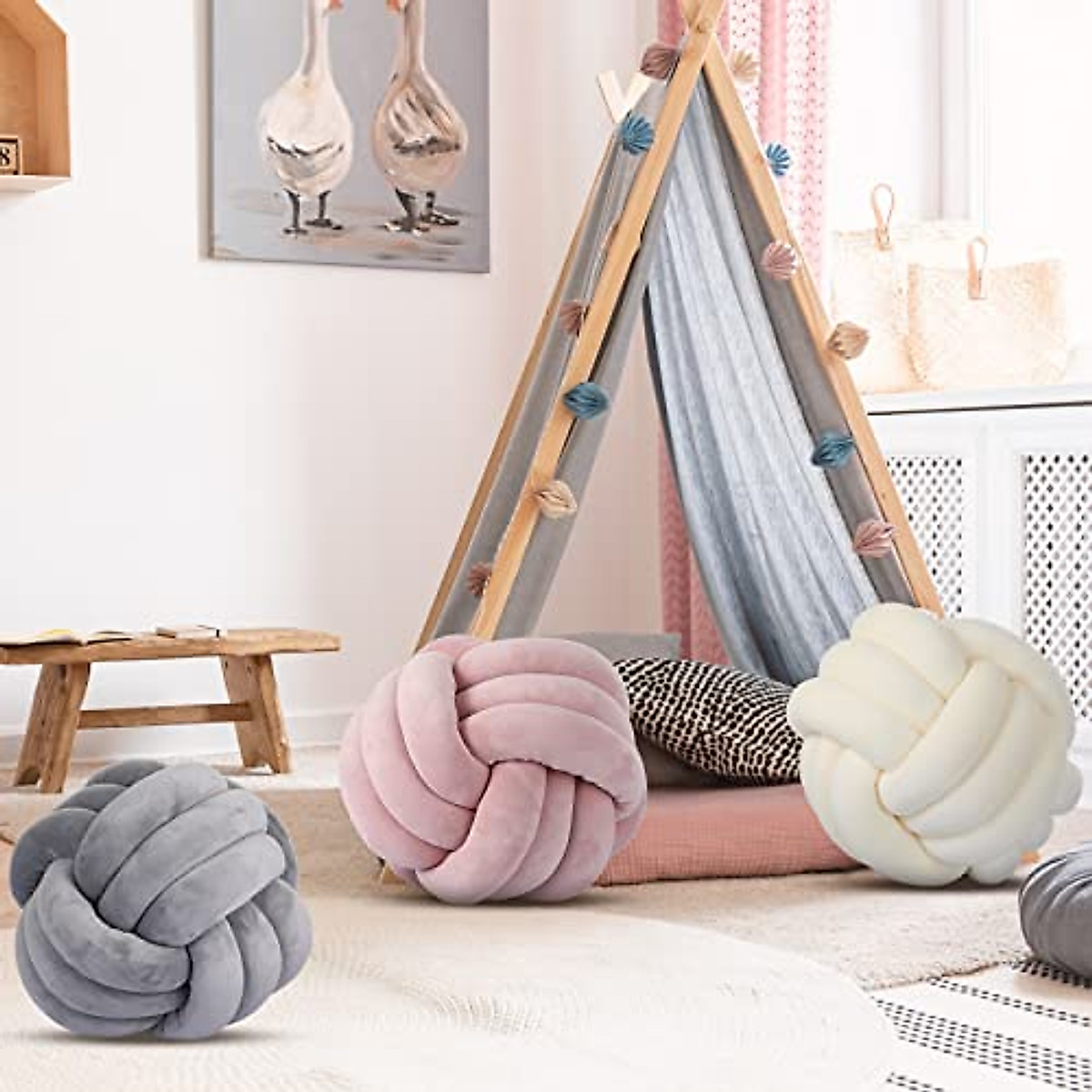 Macarrie 3 Pieces 8.6 Inch Knot Ball Pillow Round Throw Pillow Soft Decorative Plush Cushion Aesthetic Knotted Pillow Home Sofa Floor Bedroom Photography Decor (Milk White, Light Gray, Pink)