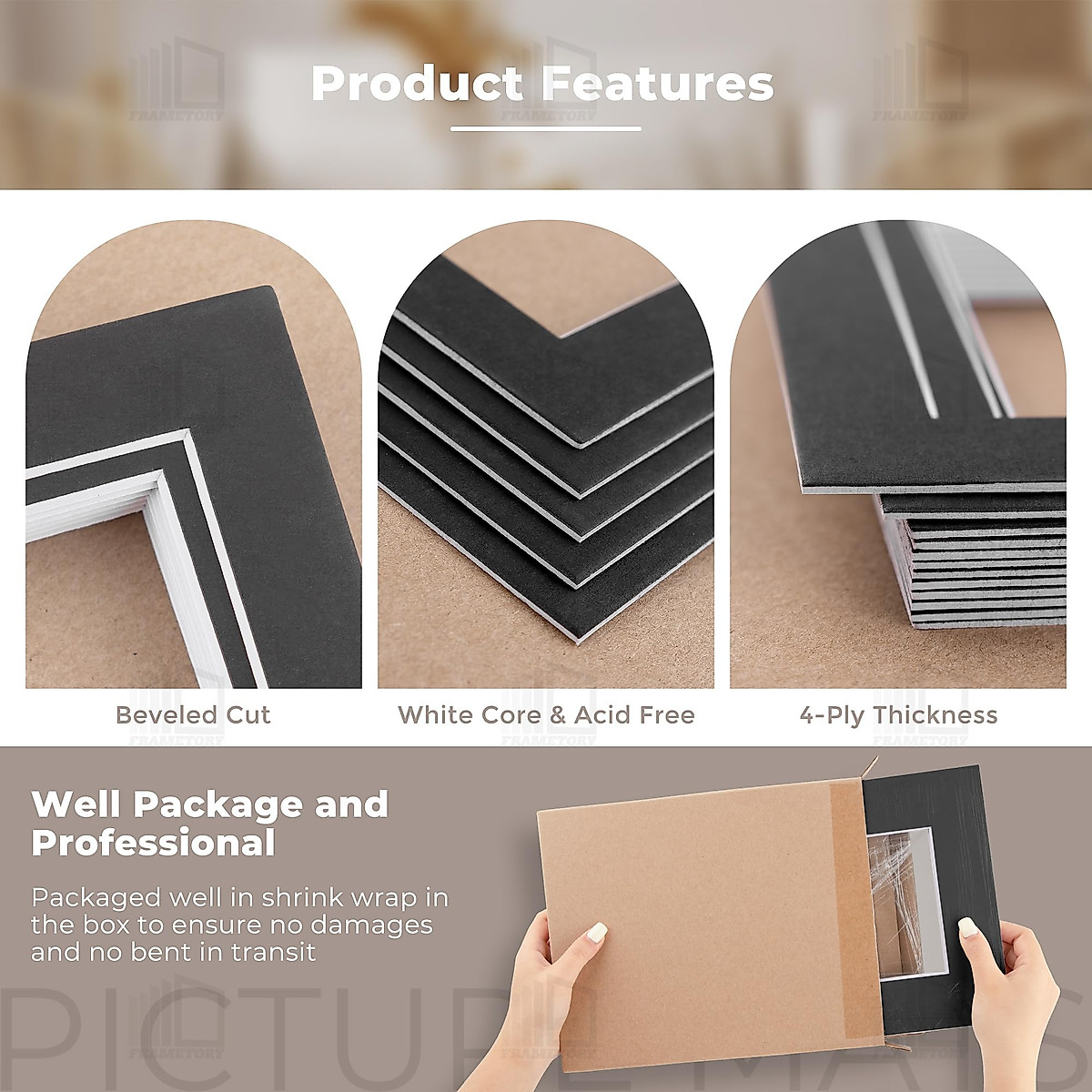 Frametory, 12x12 Black Pre-Cut Picture Mats for 8x8 Photos, Prints, Artworks - White Core Bevel Cut 7.5x7.5 Openings Acid Free Frame Mattes 1.4Mm Thickness - Pack of 12