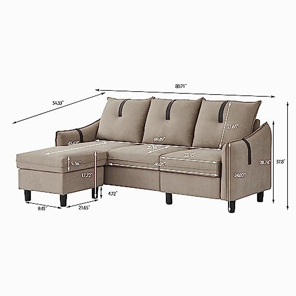 Pingliang Home 80" Sectional Sofas for Living Room, 3 Seat L Shaped Couch with Reversible Ottoman, Modern Linen Fabric Small Sectional Couch for Apartment Small Space, Beige