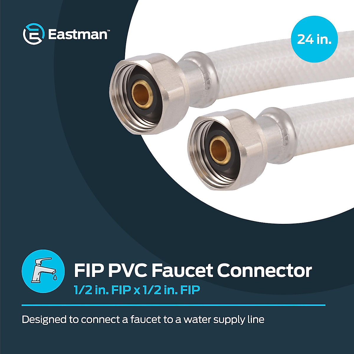 Eastman 24 Inch Flexible Faucet Connector, 1/2 Inch x 1/2 Inch FIP, Reinforced PVC Supply Line with Nickel-Plated Brass Nuts, 48135