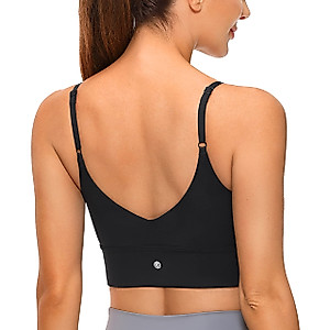 CRZ YOGA Adjustable Longline Sports Bra for Women - V Back Wireless Workout Padded Yoga Camisole Cropped Tank Tops Black Large