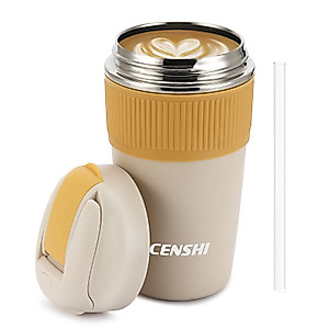 CENSHI 15 oz Stainless Steel Insulated Tumbler with Flip lid and straw,Vacuum Insulated Travel Coffee Cup for Hot and Cold Drinks,1 Pack,Lemon Yellow