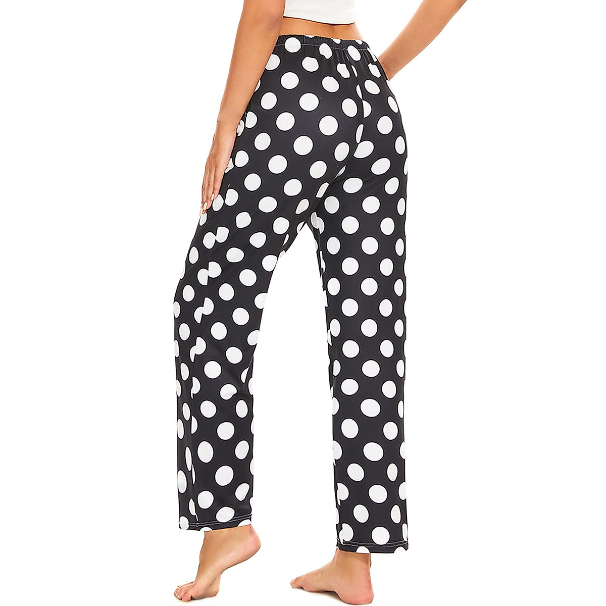 iniber Comfy Pajama Pants for Women, Stretch Drawstring Lounge Pants with Pockets, Soft Casual Loose Yoga Pants Wide Leg Pjs Bottoms, Polka Dot, Large